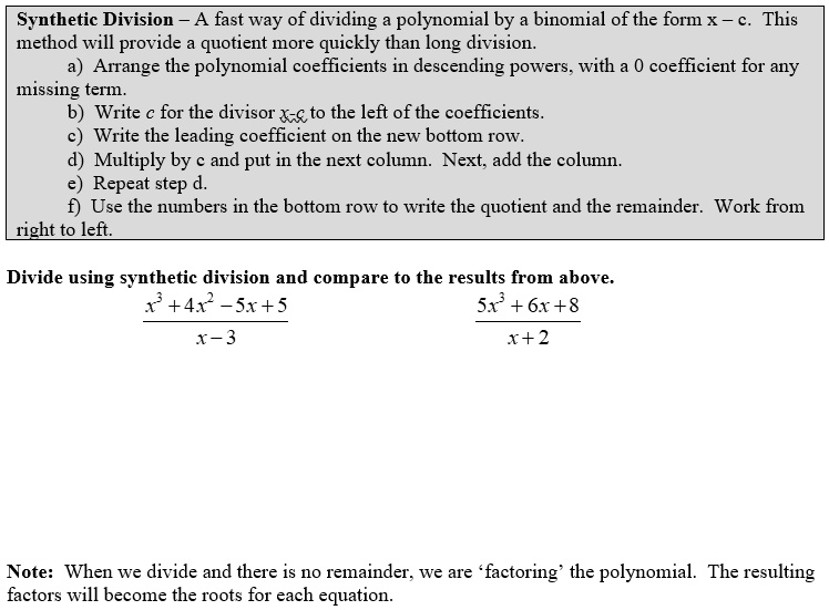 Synthetic Long Division Steps