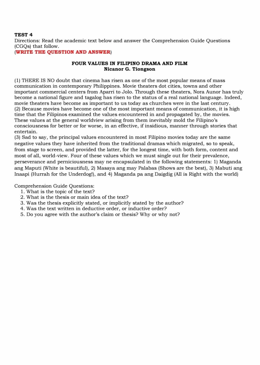 SOLVED: TEST 4 Directions: Read the academic text below and answer the ...