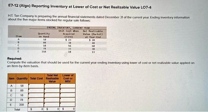 SOLVED: E7-12 (Algo) Reporting Inventory at Lower of Cost or Net ...