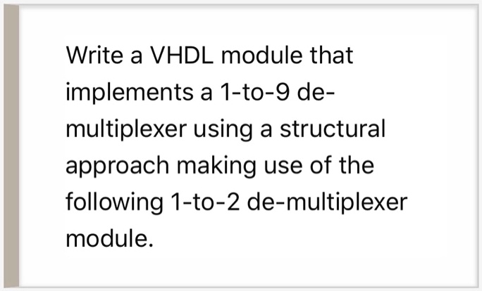 Solved Write A Vhdl Module That Implements A 1 To 9 Demultiplexer Using A Structural Approach