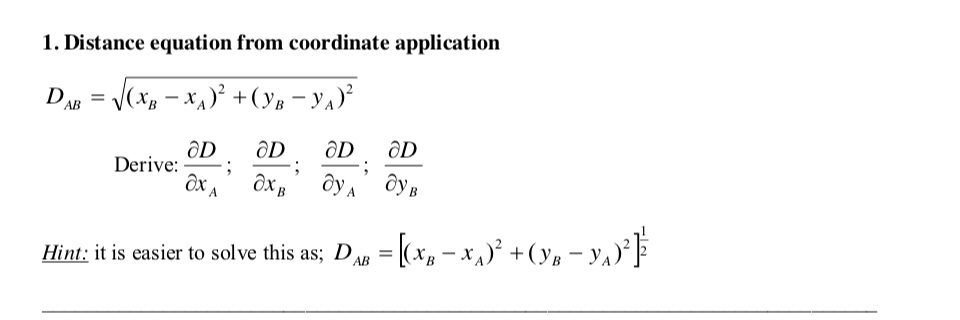 1. Distance equation from coordinate application DAB = √((xB - xA)^2 ...
