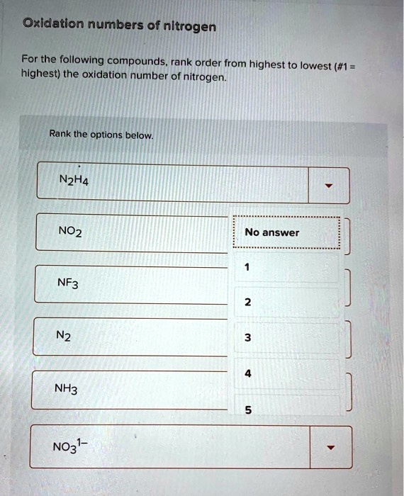 oxidation numbers of nitrogen for the following compounds rank order ...