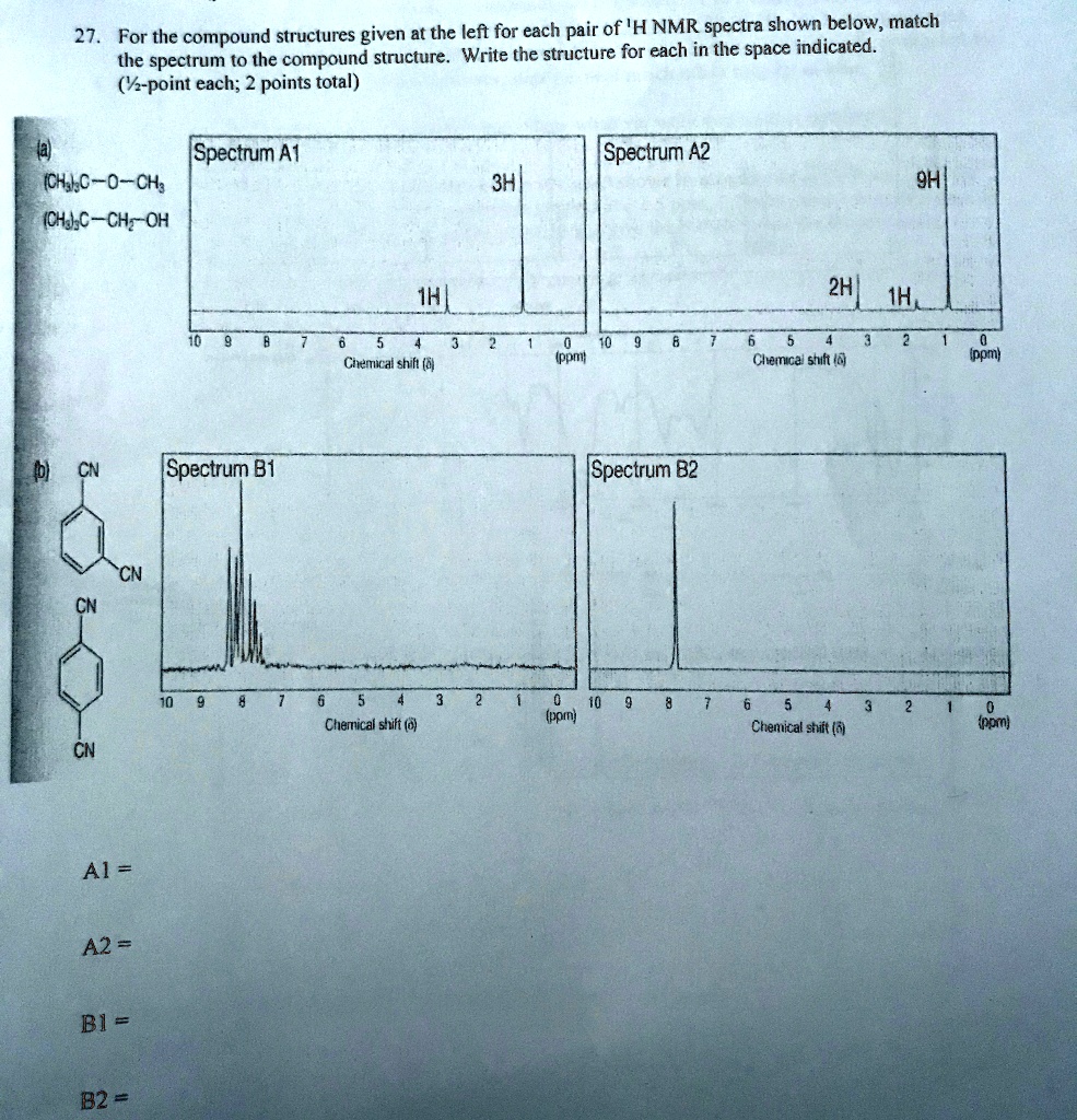 SOLVED: 27. For the compound structures given at the left for each pair of 1H NMR spectra shown ...