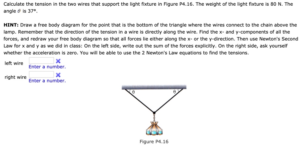 calculate the tension in the two wires that support the light fixture ...