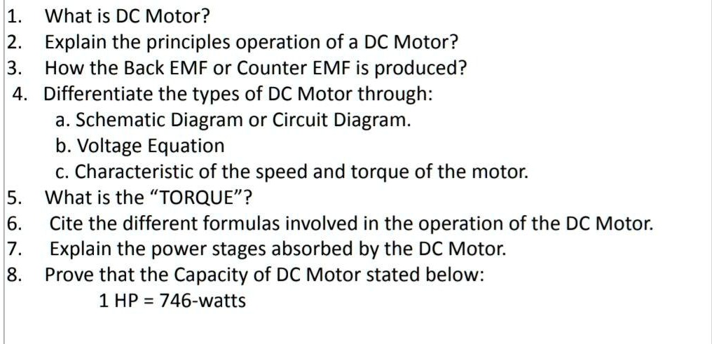 1 what is dc motor 2 explain the principles operation of a dc motor 3 ...