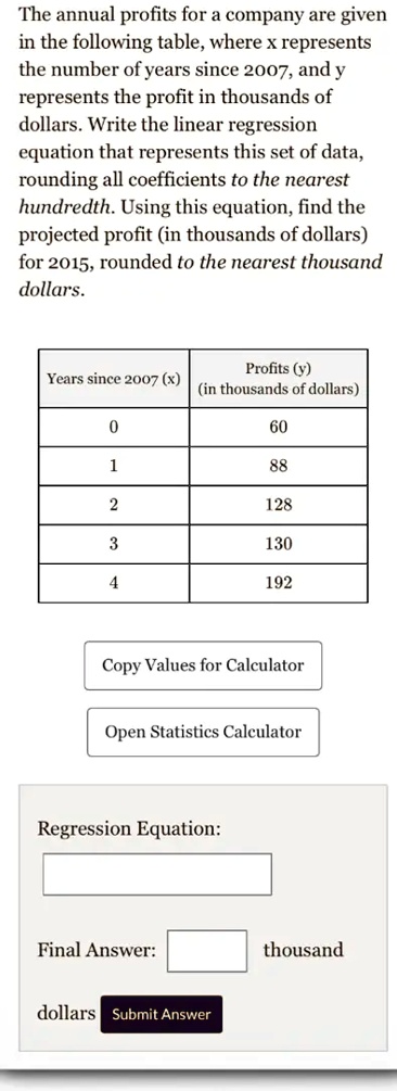 SOLVED: The annual profits for a company are given in the following table, where X represents ...