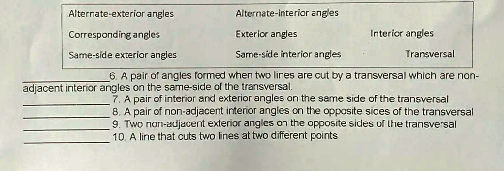 SOLVED: Alternate-exterior angles Alternate-interior angles ...