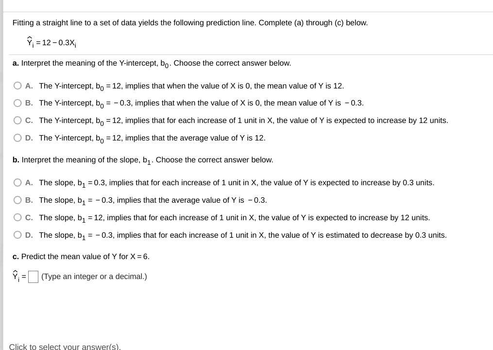SOLVED: Fitting straight line t0 a set of data yields the following prediction line Complete (a ...