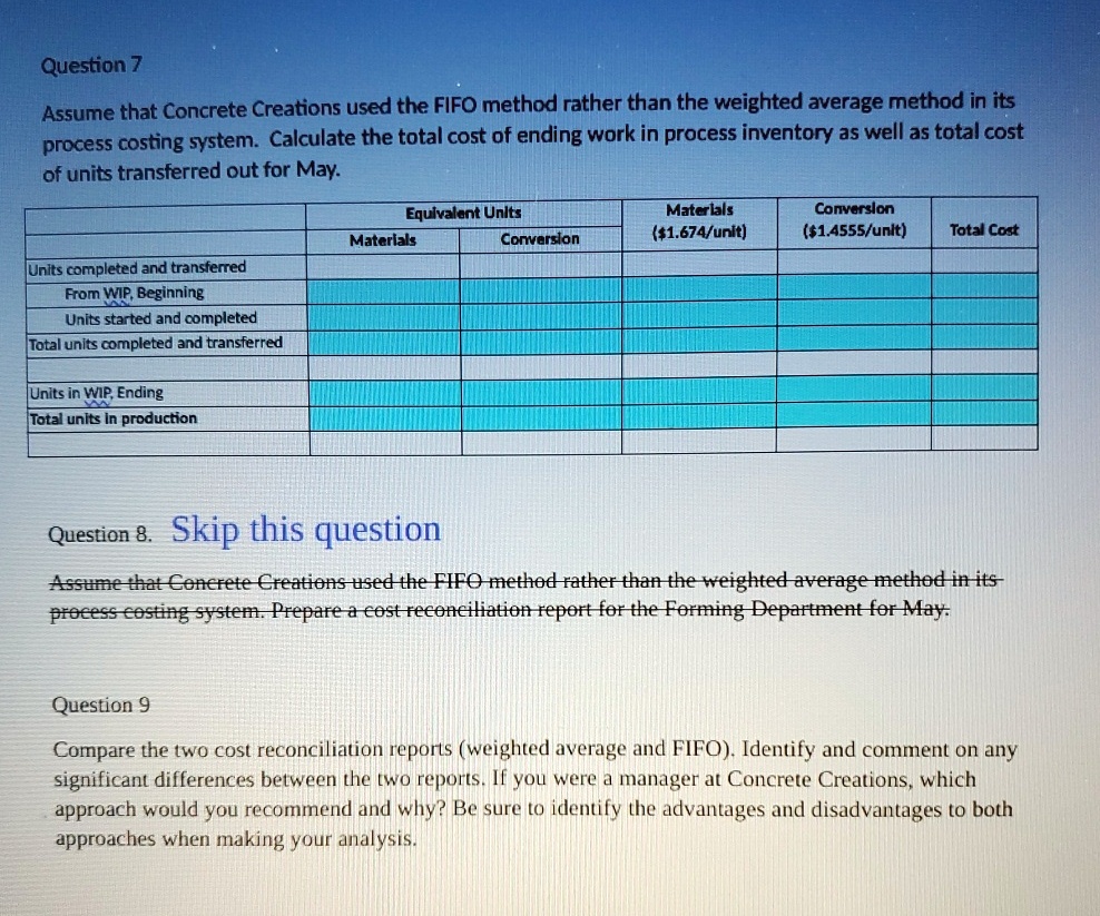 Question 7 Assume that Concrete Creations used the FIFO method rather ...