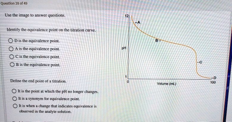SOLVED: Question 28 0f 49 Use the image tO answer questions Identify the equivalence point on ...