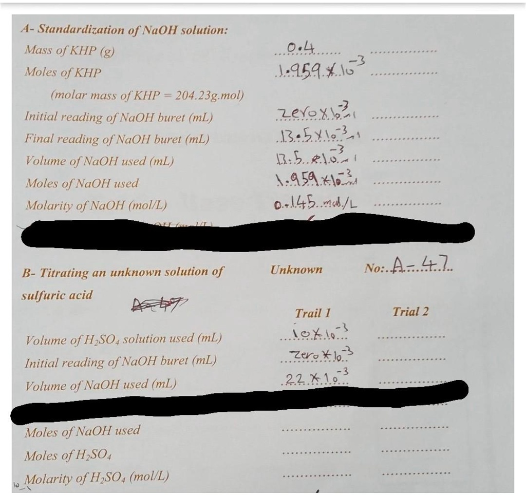SOLVED: A- Standardization of NaOH solution Mass of KHP: 1.959 g Moles of KHP: 1 (molar mass of ...