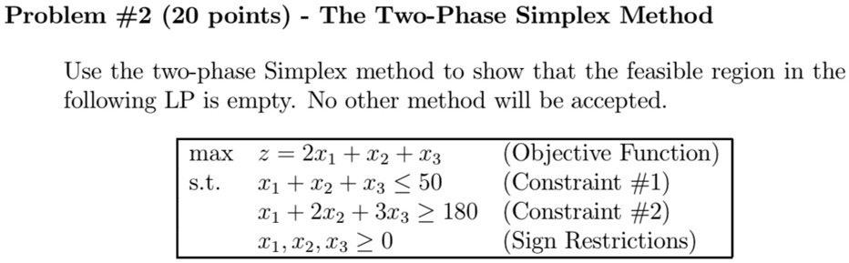 problem 2 20 points the two phase simplex method use the two phase simplex method to show that ...