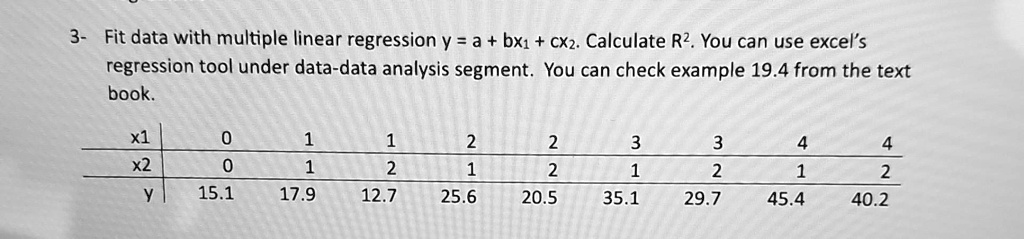 SOLVED: use excel 3-Fit data with multiple linear regression y = a + bx1 + cx2. Calculate R2 ...