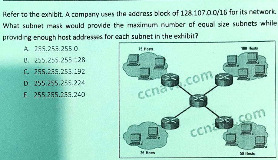 Refer to the exhibit. A company uses the address block of 128.107.0.0/16 for its network. What ...