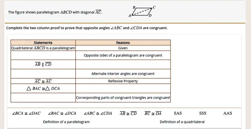 SOLVED: The figure shows parallelogram ABCD with diagonal AC: Complete the two-column proof to ...