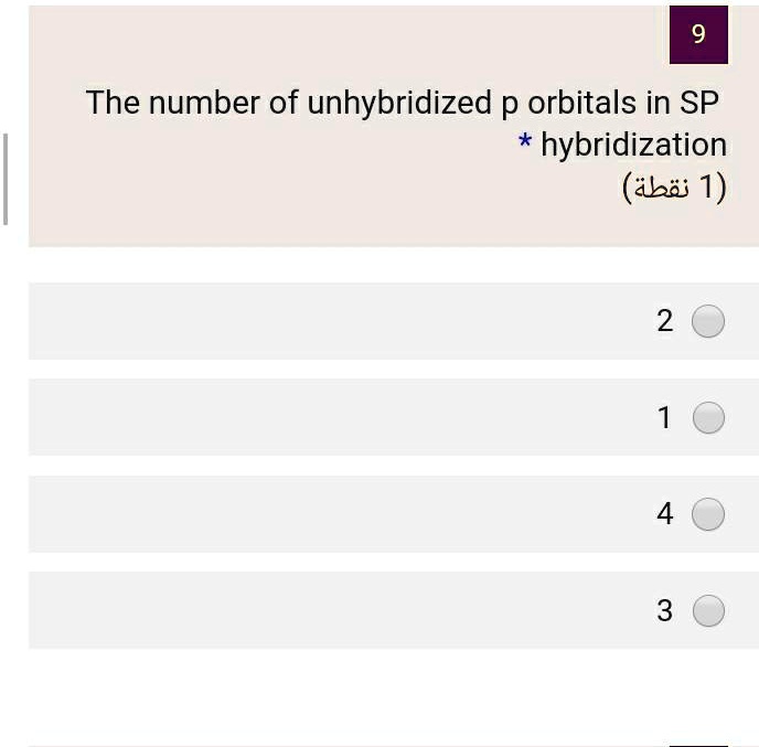 SOLVED: The number of unhybridized p orbitals in SP hybridization (aba ...