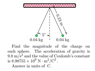 SOLVED: Two identical small charged spheres hang in equilibrium with equal masses as shown in ...