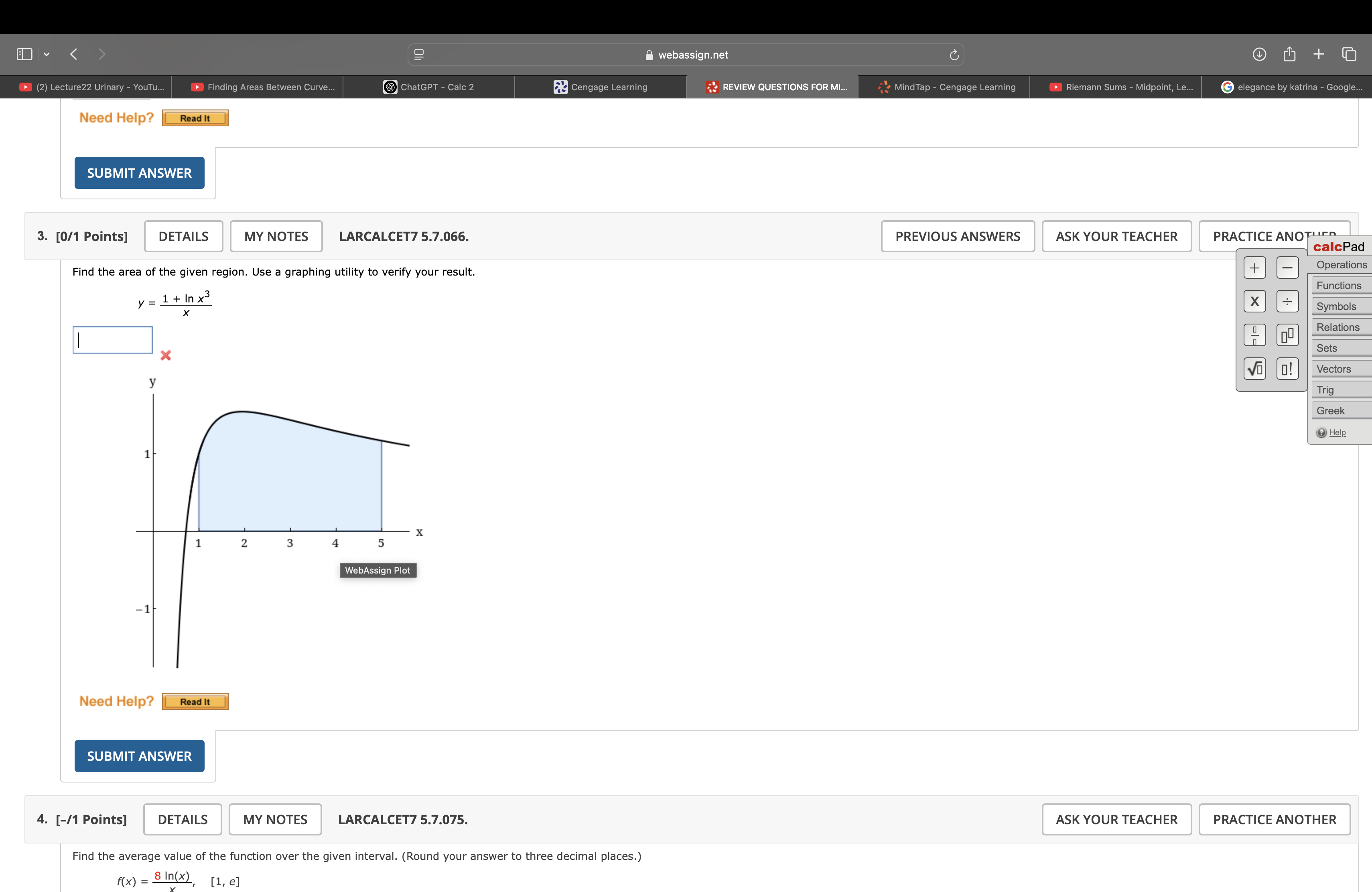 webassign.net (2) Lecture22 Urinary - YouTu... Finding Areas Between Curve... ChatGPT - Calc 2 ...