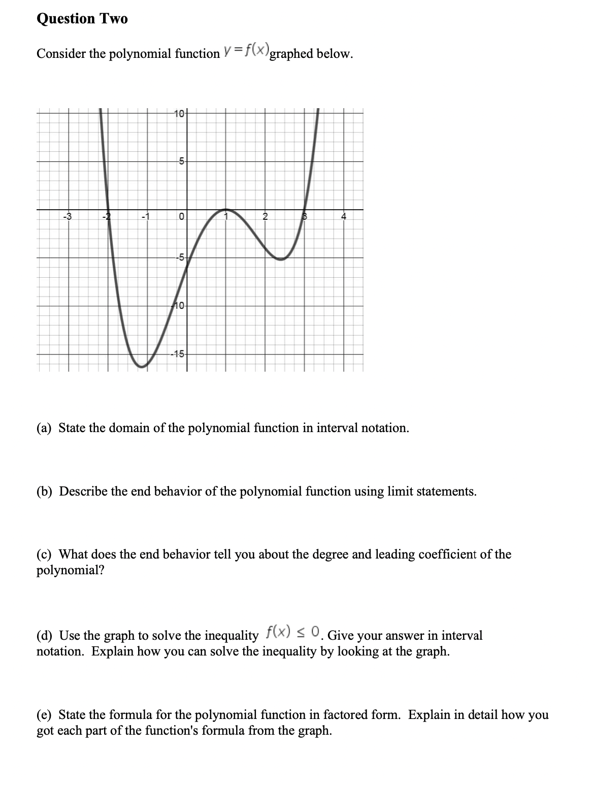 SOLVED: Question Two Consider the polynomial function y=f(x) graphed ... SOLVED: Question Two Consider the polynomial function y=f(x) graphed ...