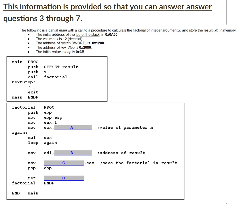 SOLVED: The following is a partial main with a call to a procedure to calculate the factorial of ...