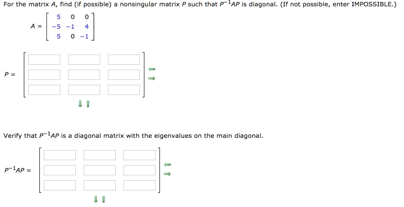 SOLVED: For the matrix A, find (if possible) nonsingular matrix such that P–AP is diagonal: (If ...