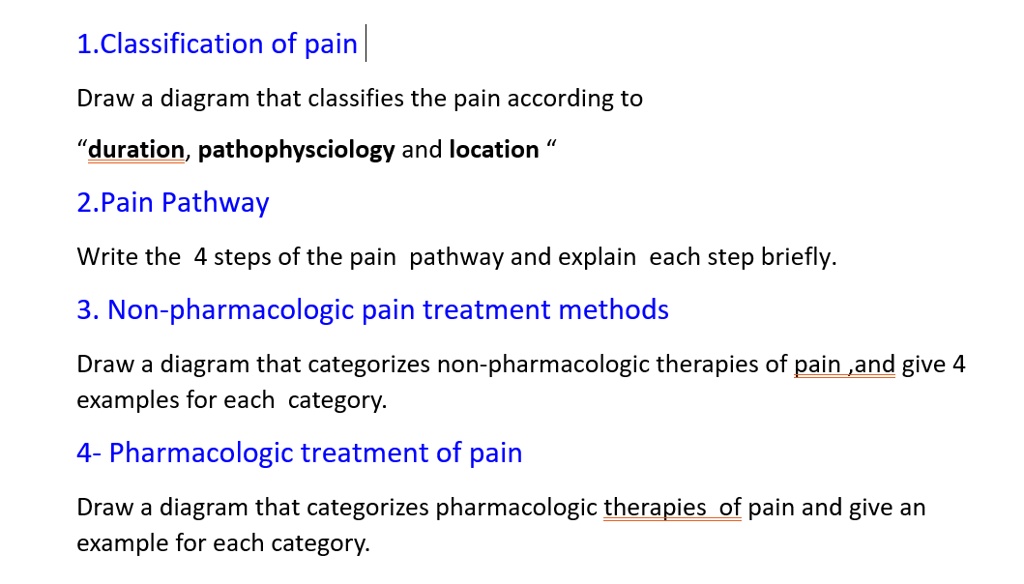 SOLVED: 1.Classification of pain Draw a diagram that classifies the ...