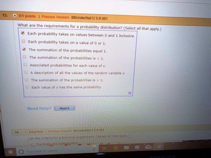 SOLVED: 0H1 points Previous Answers BBUnderStat12 5 R 001 What are the requirements for ...