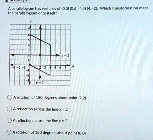 A parallelogram has vertices of (0,0) (0,6) (4,4) (4,-2). Which transformation maps the ...