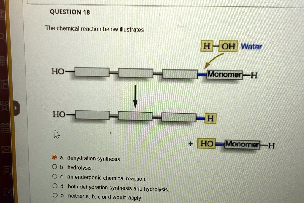 QUESTION 18 The chemical reaction below illustrates a. dehydration ...
