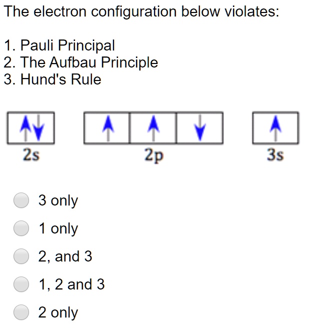 SOLVED: The electron configuration below violates: 1. Pauli Principal 2 ...