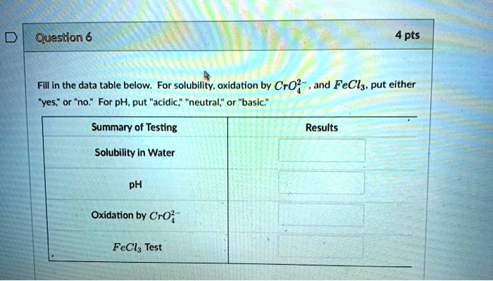 SOLVED: Text: Question 6 4 pts Fill in the data table below: For ...