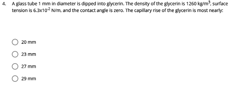 SOLVED: A glass tube 1 mm in diameter is dipped into glycerin. The ...