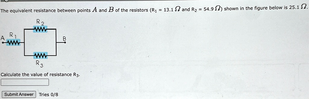 The equivalent resistance between points A and B of the resistors (R1 = 13.1Ω and R2 = 54.9Ω ...