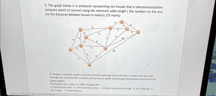 1- The graph below is is anetwork representing ten houses that a ...