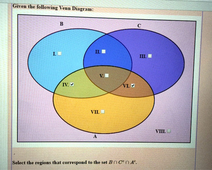 Given the following Venn Diagram: B C I. II. III. IV. V. VI. VII. A Select the regions that ...