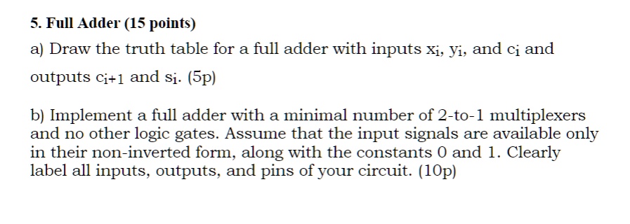 5. Full Adder (15 points) a) Draw the truth table for a full adder with inputs Xi, Yi, and ci ...