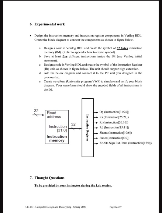 6. Experimental work • Design the instruction memory and instruction ...