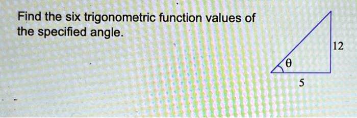 SOLVED: Find the six trigonometric function values of the specified angle. 0 5 12 Find the six ...