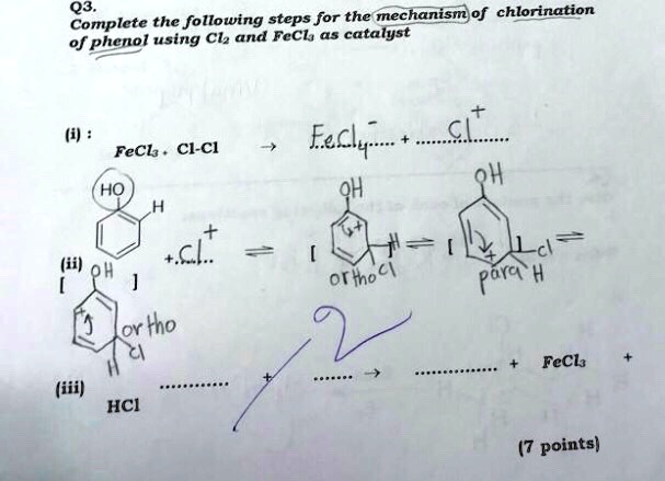 q3 complete the following steps for the mechanism of chlorination of phenol using cl and fecls ...