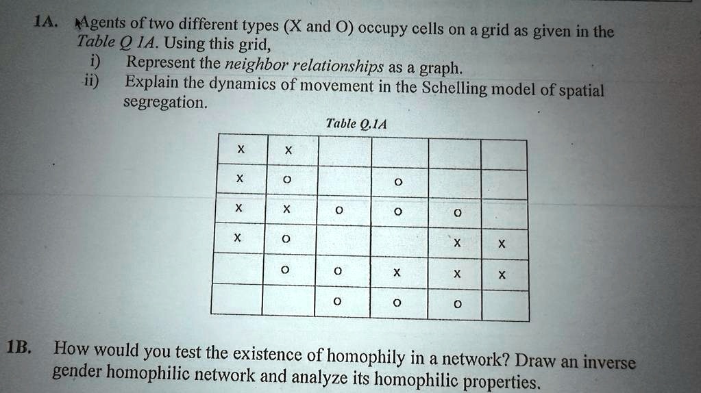 1A. Agents of two different types (X and O) occupy cells on a grid as ...
