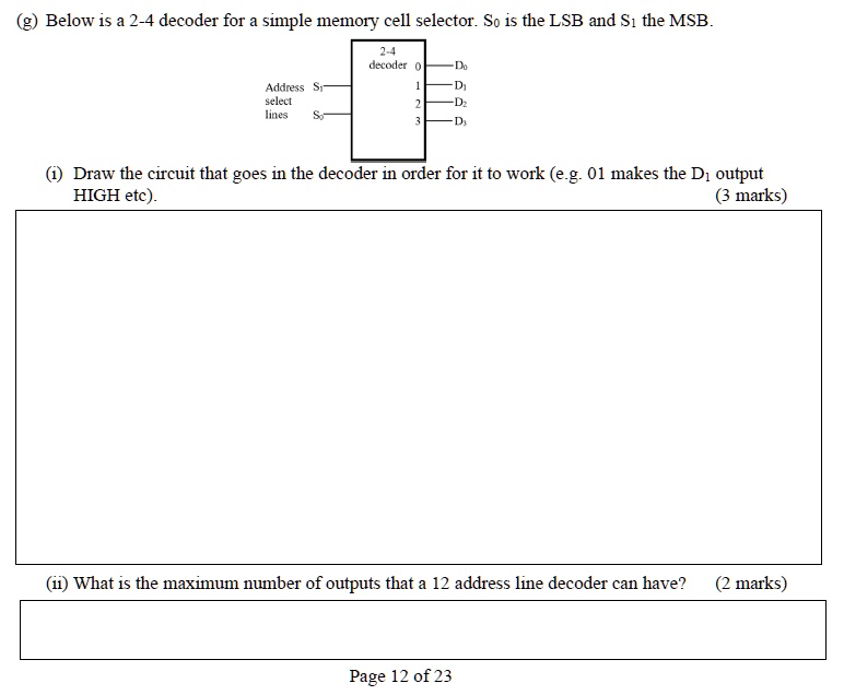 SOLVED: g) Below is a 2-4 decoder for a simple memory cell selector. So is the LSB and Si the ...