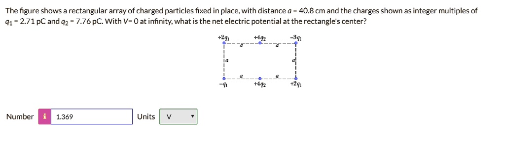 SOLVED: The figure shows a rectangular array of charged particles fixed in place; with distance ...