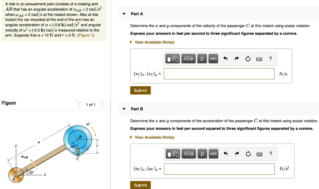 SOLVED: A ride in an amusement park consists of a rotating arm AB that ...