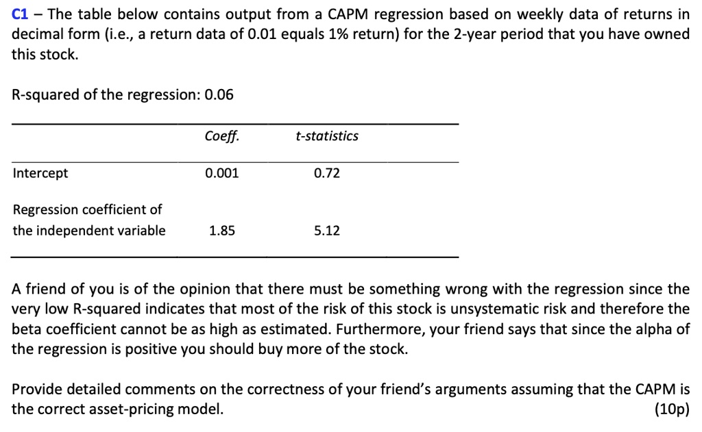 C1 The table below contains output from a CAPM regression based on weekly data of returns in ...