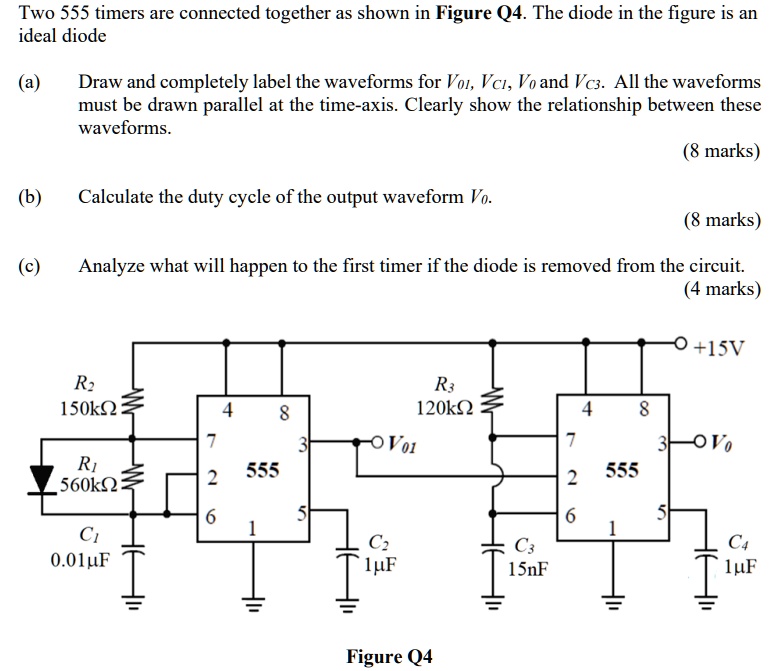 SOLVED: Two 555 timers are connected together as shown in Figure Q4. The diode in the figure is ...