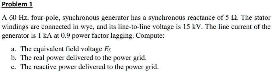 Solved A 60 Hz Four Pole Synchronous Generator Has A Synchronous Reactance Of 5 Î© The