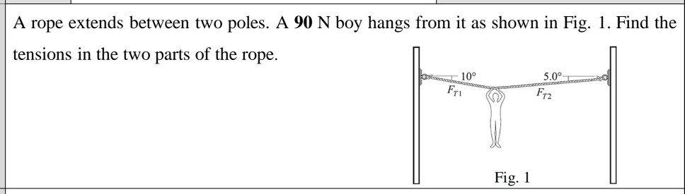 SOLVED: A rope extends between two poles. A 90 N boy hangs from it as shown in Fig 1. Find the ...