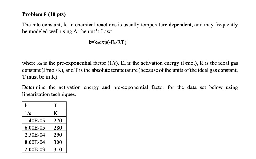 SOLVED: Problem 8 (10 pts) The rate constant, k, in chemical reactions ...
