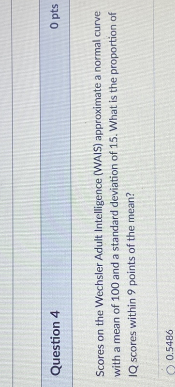 Question 4 0 pts Scores on the Wechsler Adult Intelligence (WAIS ...