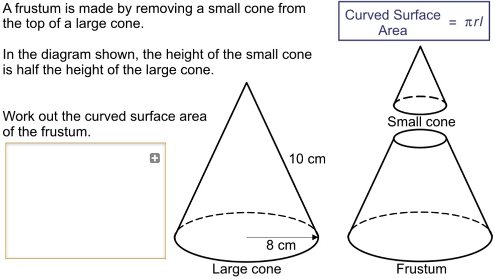 A frustum is made by removing a small cone from the top of a large cone ...